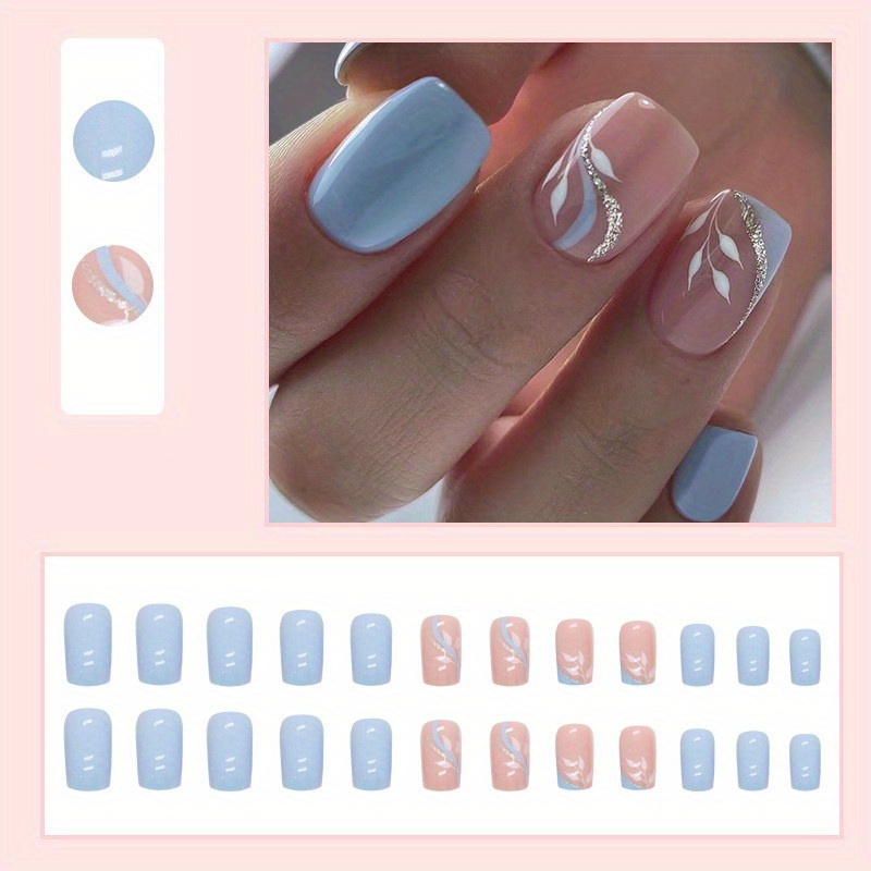 Glossy Press Nails Flower Leaves Silvery Glitter Design - Temu United ...