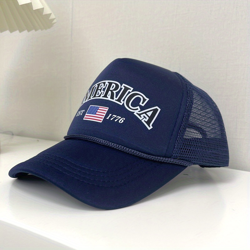 Usa Flag Print Trucker Hat Navy Blue Unisex Breathable Mesh - Temu ...