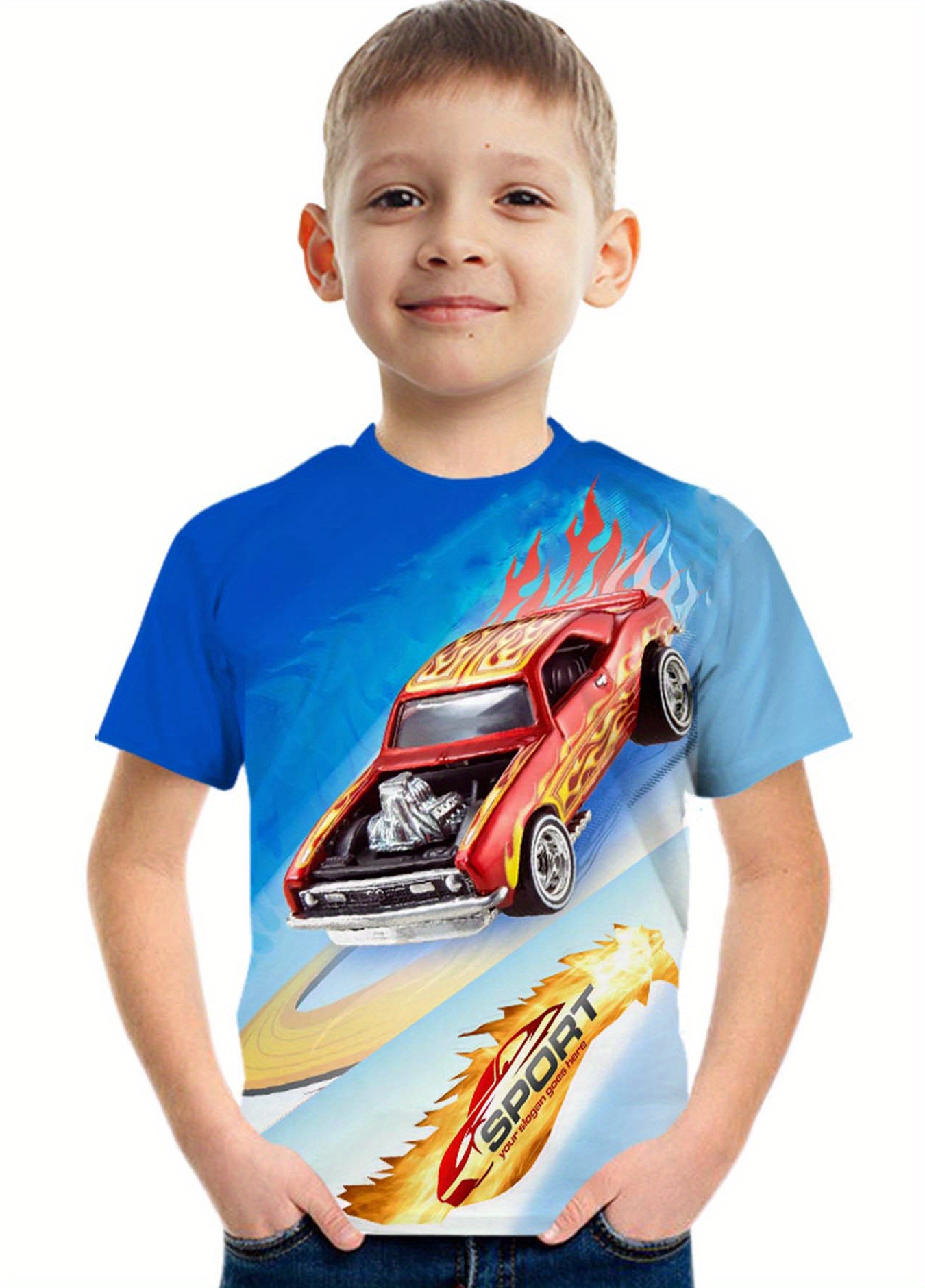 בנים מזדמנים אופנתי מכונית מירוץ הדפסה חולצת טריקו שרוולים קצרים עבור ...