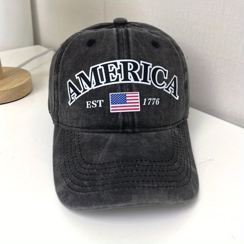 American Flag Print Baseball Cap Dark Gray Washed Distressed - Temu ...