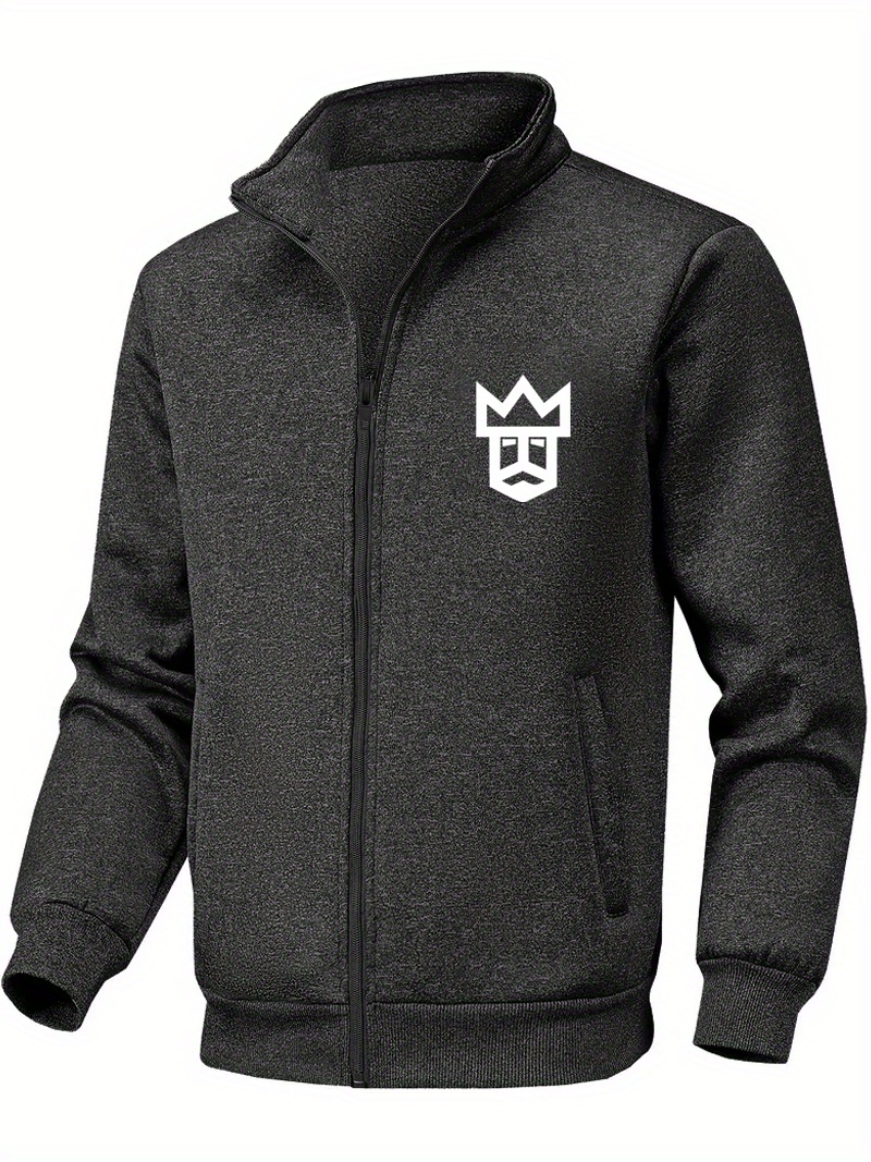 Plus Size Men's Crown Graphic Print Casual Jacket With Band Collar For ...