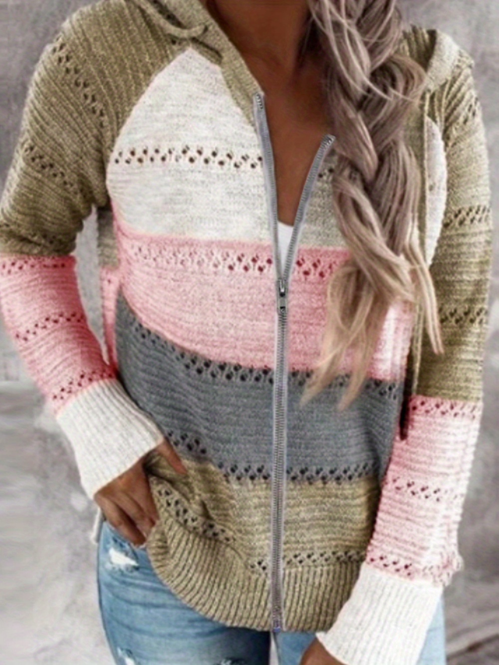 Striped Zip Hooded Sweater Casual Long Sleeve Drawstring - Temu Canada