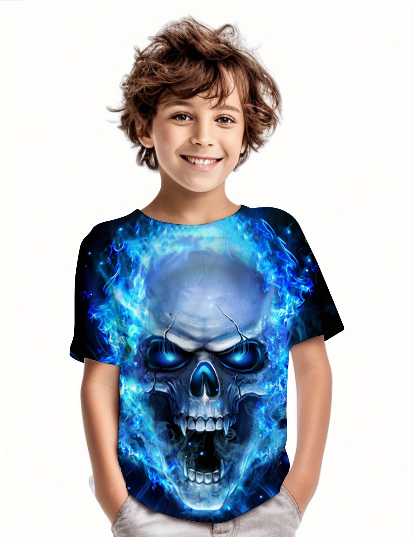 Blue Flame Skull 3d Print Boys Creative T shirt Casual - Temu United ...