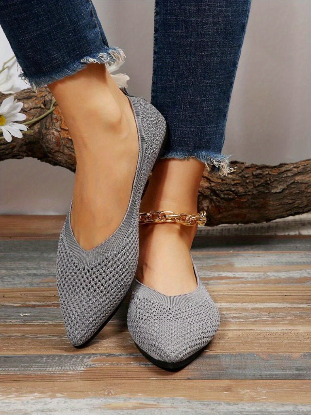 Women's Knitting Flat Shoes Pointed Toe Slip Soft Sole Shoes - Temu ...