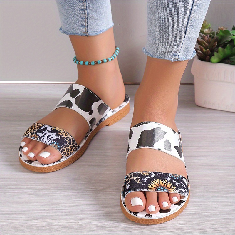 Women's Cow Print Flat Slides Open Toe Two Bands Slip Slide - Temu New ...