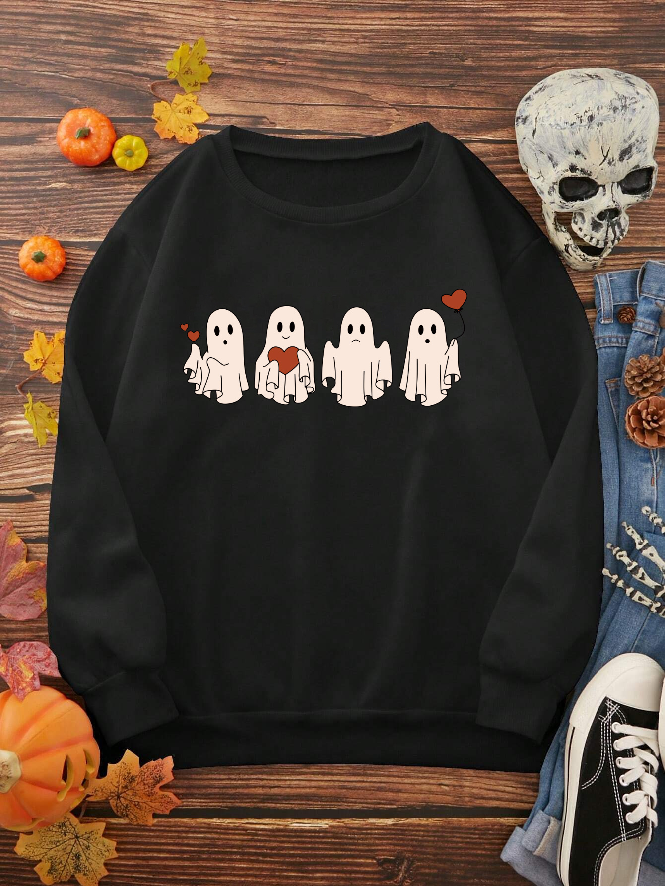 Little Ghost Print Pullover Sweatshirt Casual Long Sleeve - Temu Australia