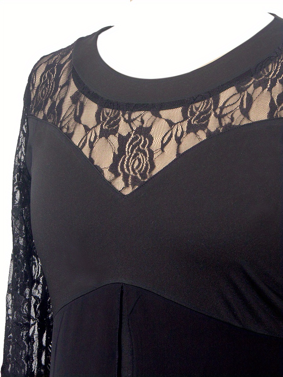 Plus Size Casual Dress Women's Plus Solid Contrast Lace Long - Temu