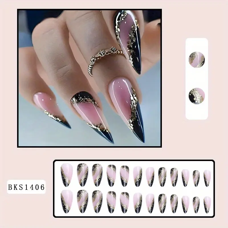 Glossy Long Stiletto Nails Black French Tip Press Nails Temu Denmark