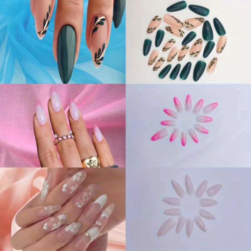 Green Press Nails Flower Leaves Golden Line Exquisite - Temu United Kingdom