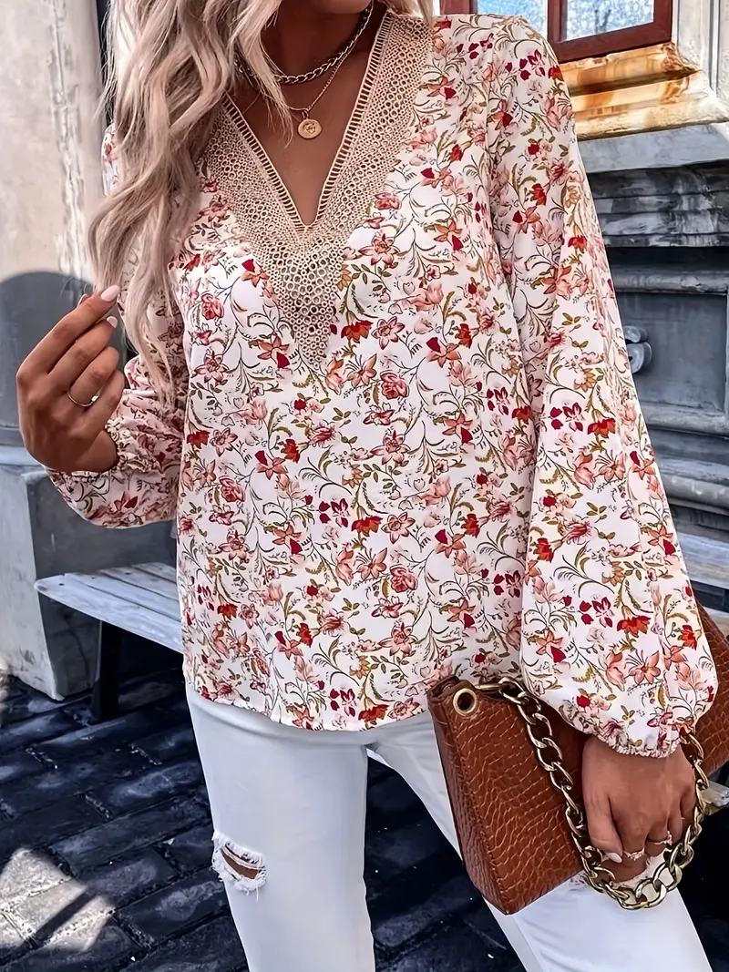 Floral Print Lace Trim Blouse Elegant V Neck Lantern Sleeve Temu