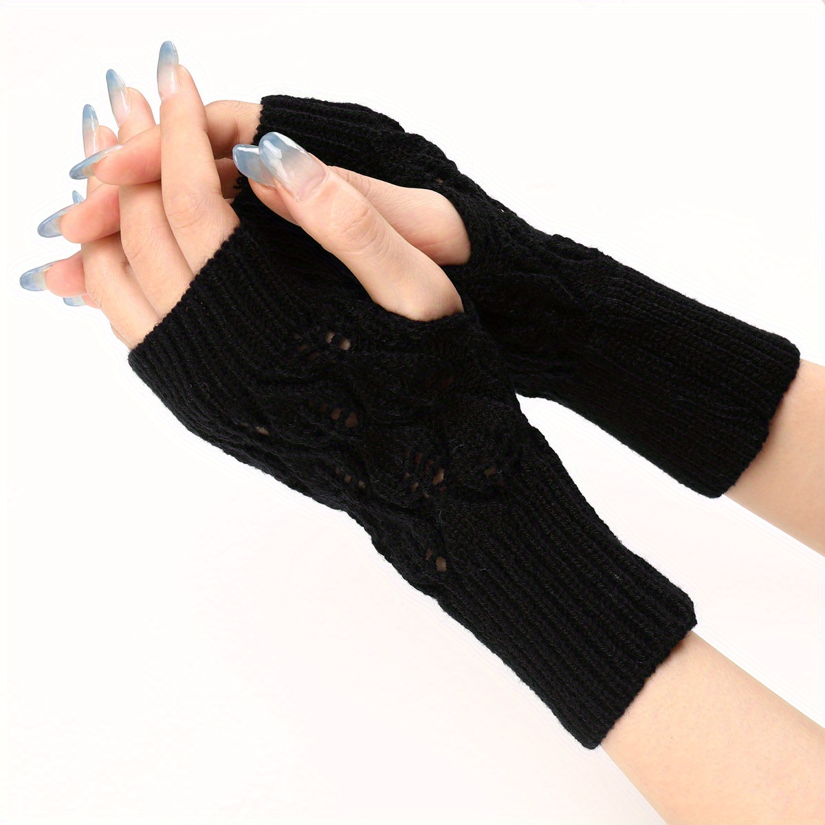 Stylish Leaf Hollow Gloves Solid Color Fingerless Knit - Temu South Africa