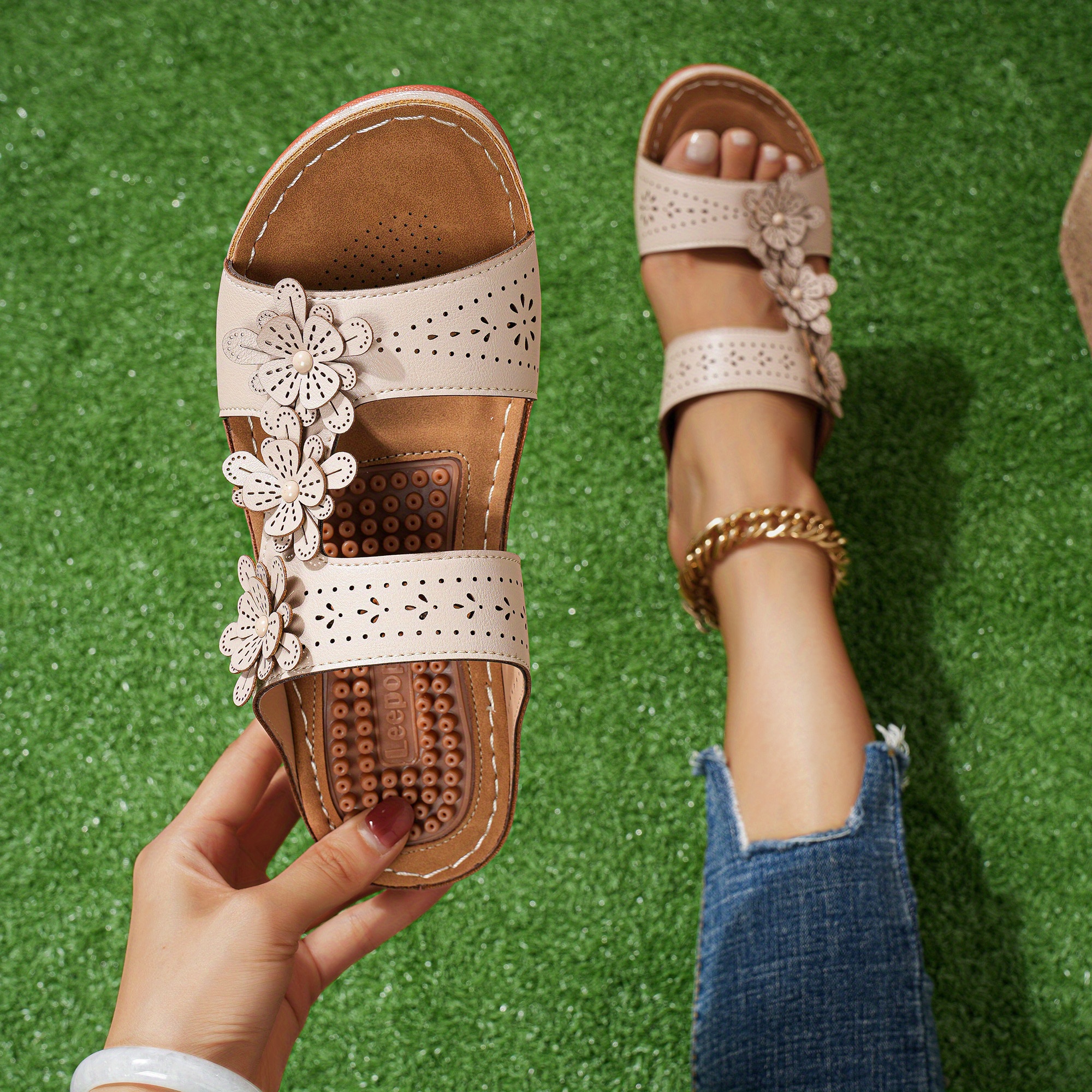 Women's Massage Wedge Sandals Flower Decor Open Toe Slip - Temu United Kingdom