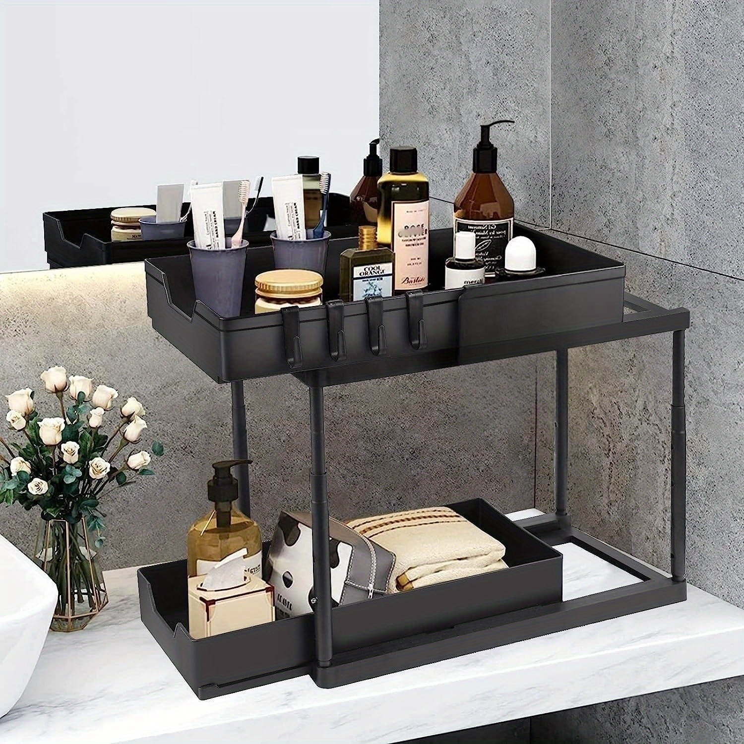 1pc 이중 슬라이드 정리함 및 보관함 후크가 있는 싱크 정리함 아래 2단 주방 정리 2단 욕실 보관함 정리함 가구 정리함 주방 및 욕실용 다목적 정리 및 보관