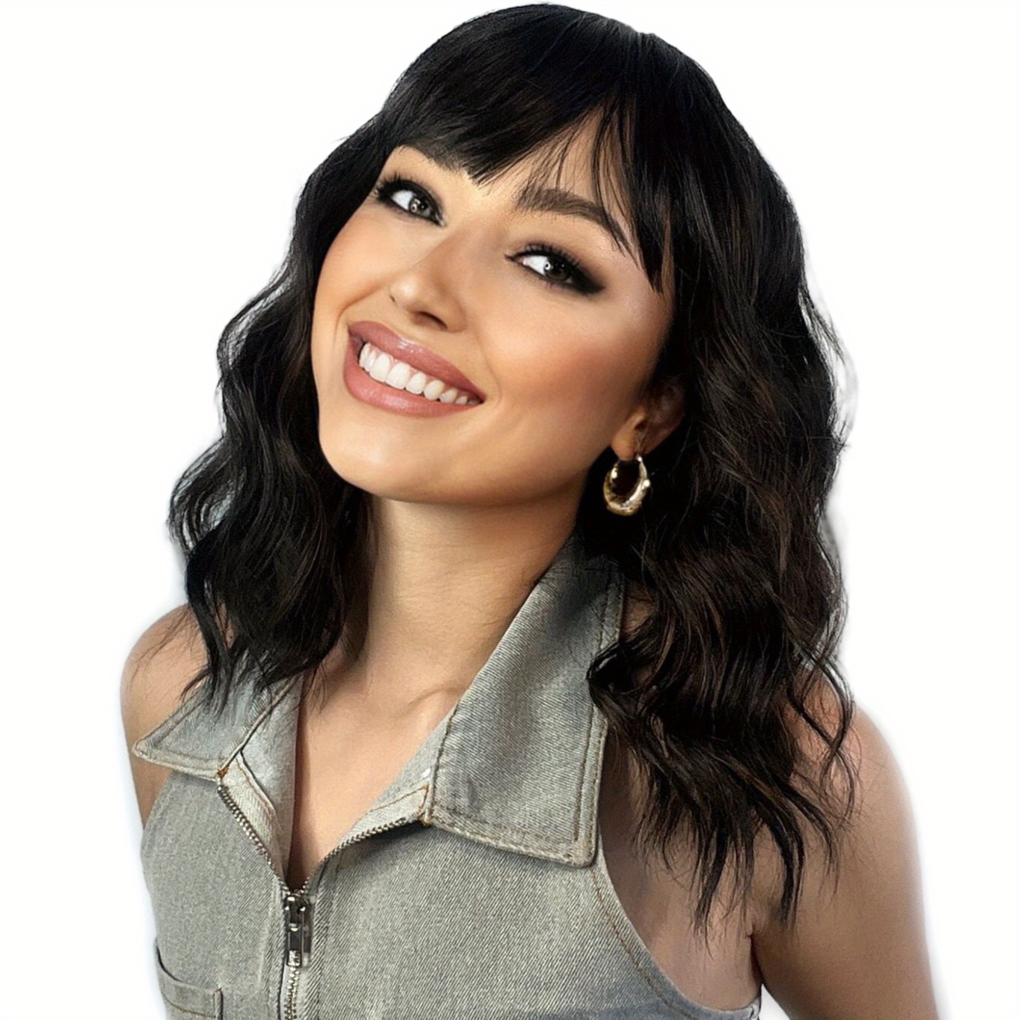 Ombre Brown Wavy Curly Wig Bangs Medium Length Synthetic Wig - Temu ...