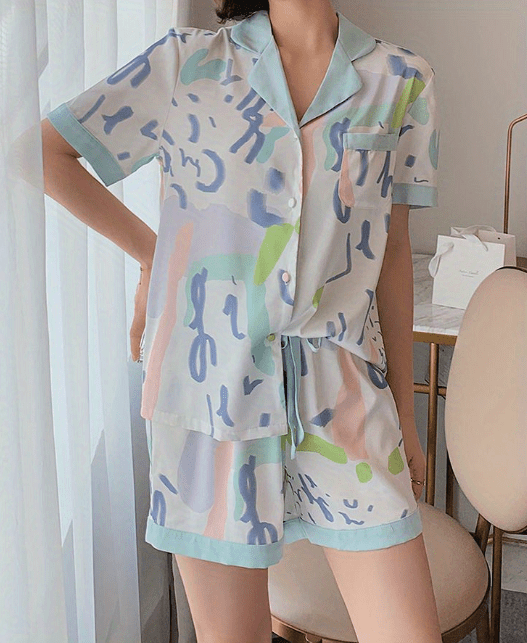 Colorblock Graffiti Pajamas Set Short Sleeve Buttons Top - Temu United ...