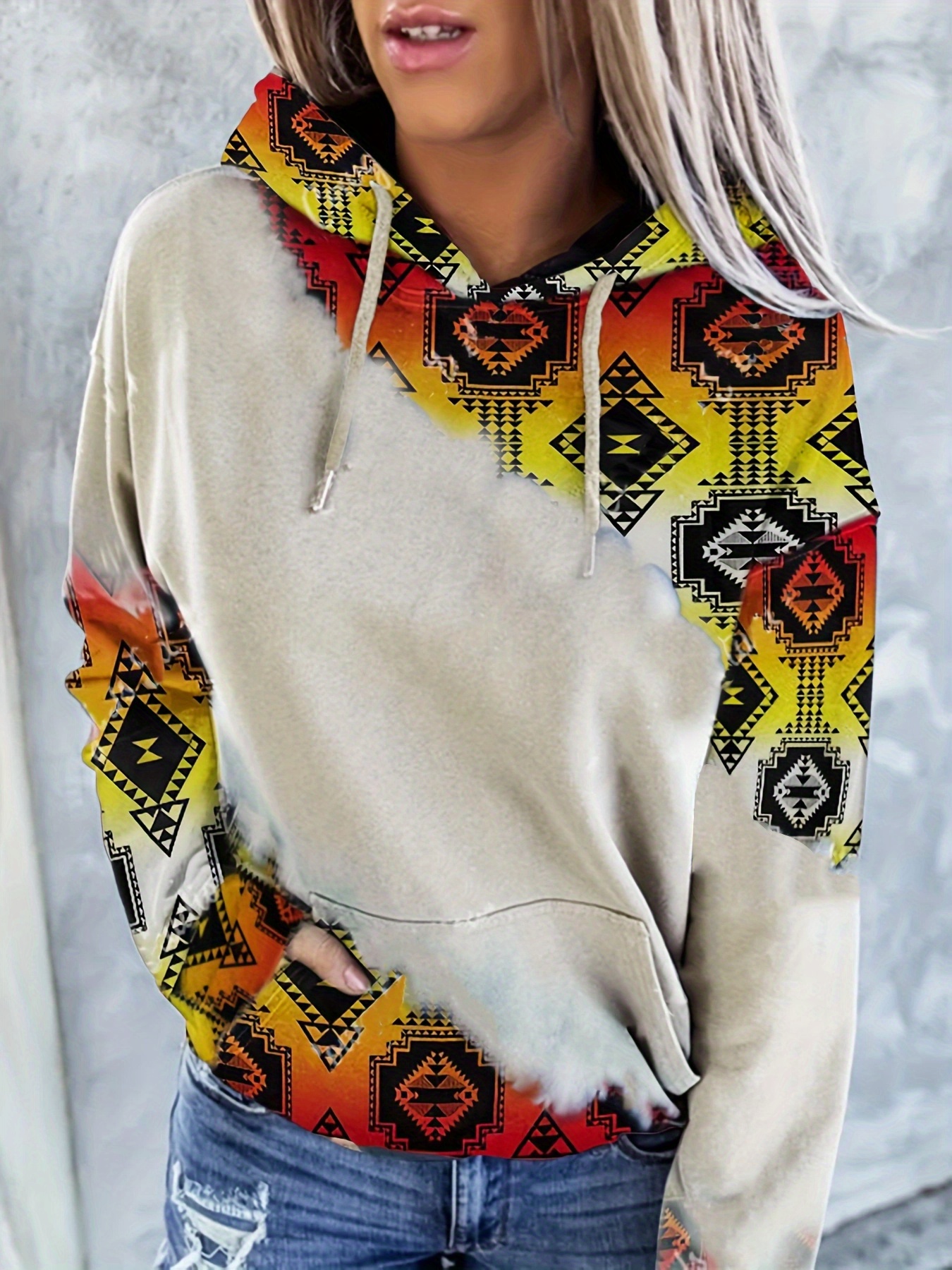 Aztec Print Kangaroo Pocket Hoodie Casual Long Sleeve - Temu Australia
