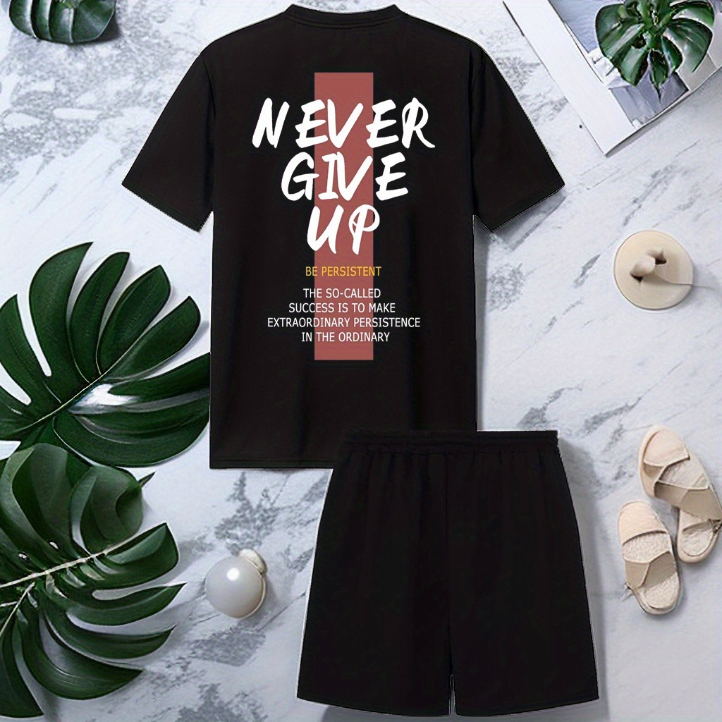 Men's "never Give Up" Graphic Print T-shirt & Shorts For Workout ...