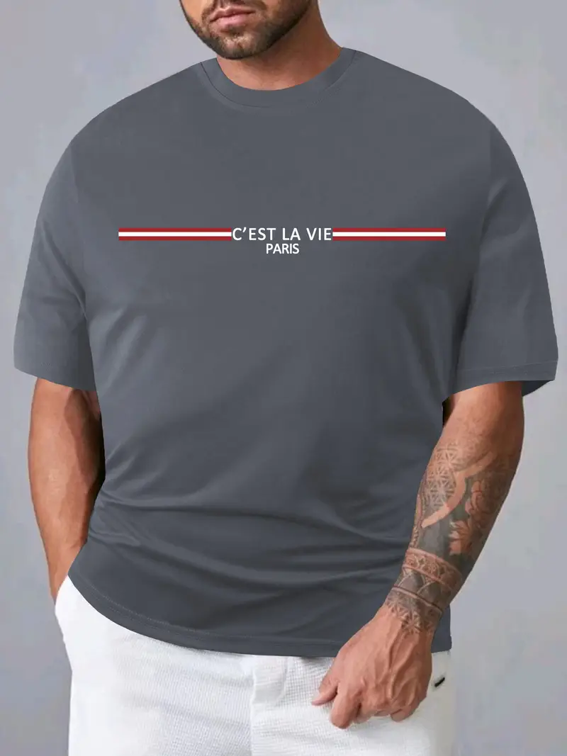 Plus Size Mens C Est La Vie Paris Graphic Print Crew Neck T Temu
