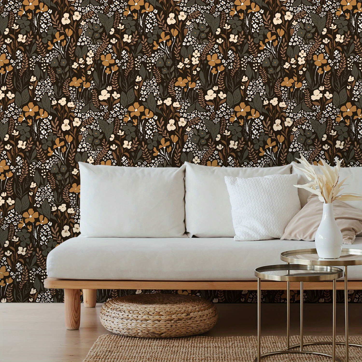 Dark Background Fern Wallpaper Yellow White Floral Peel - Temu