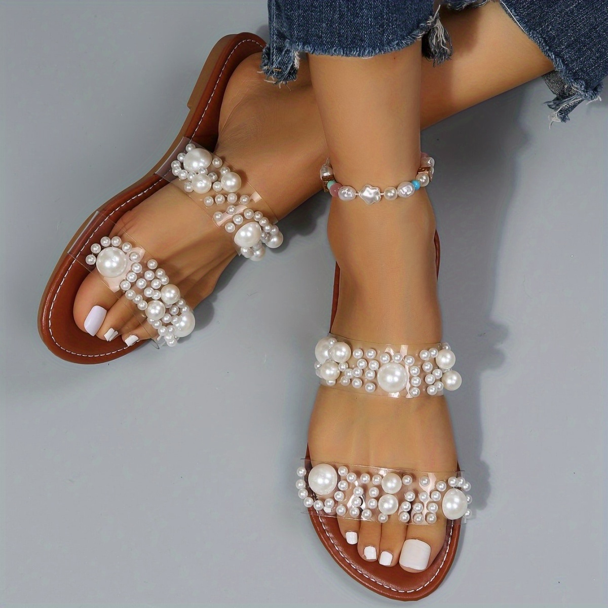 women's pearl decor flat slides two bands open toe slip - {region_name}