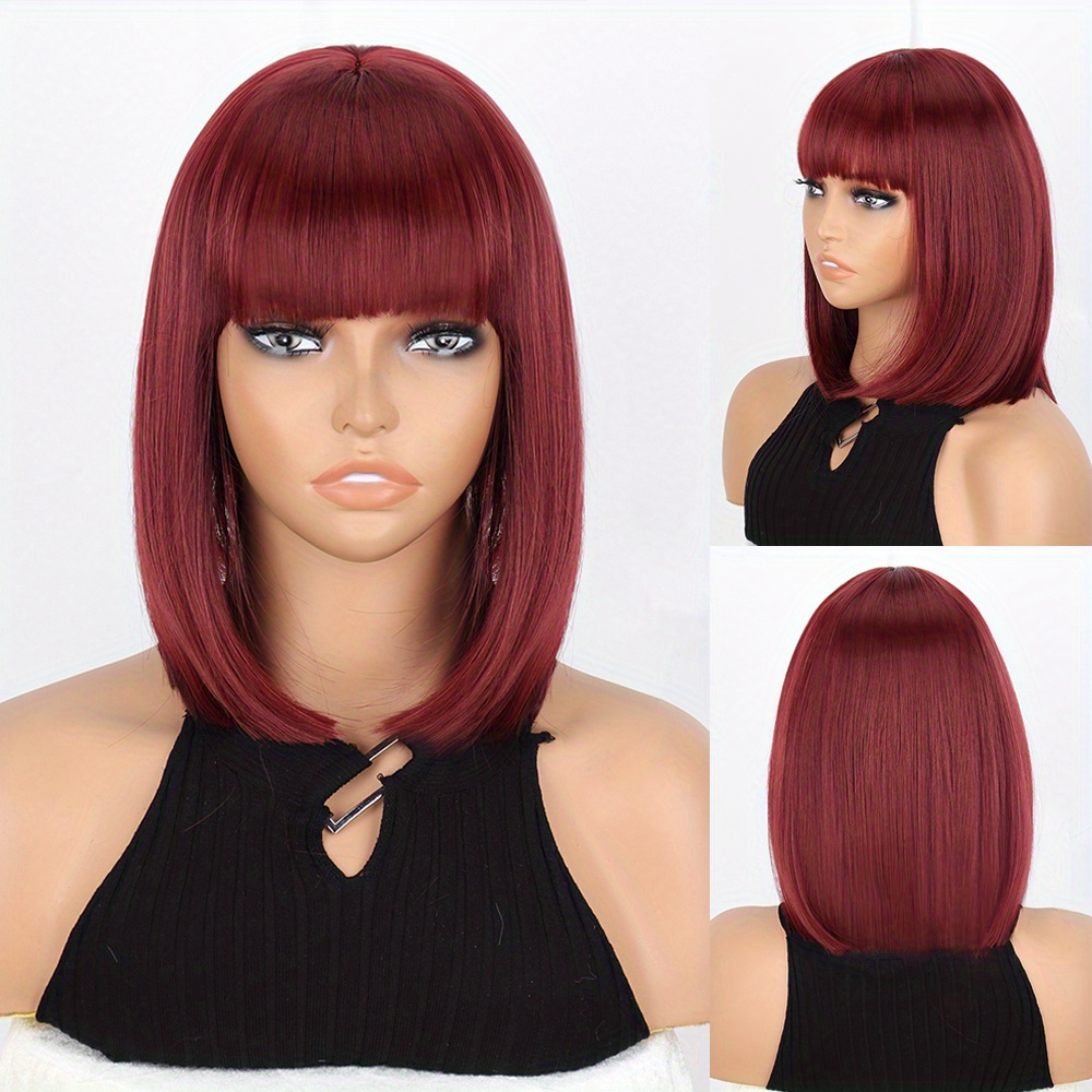 Short Bob Wig Bangs Synthetic Burgundy Wig Shoulder Length - Temu Canada
