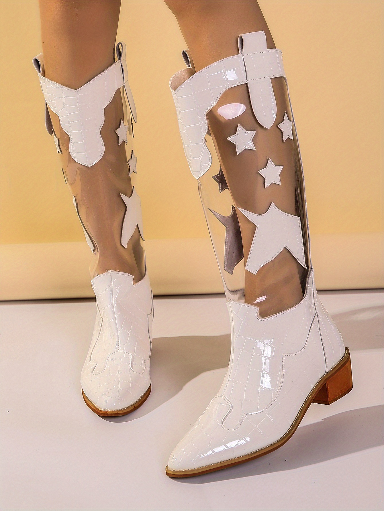 Women's Star Transparent Cowboy Boots Pointed Toe - Temu