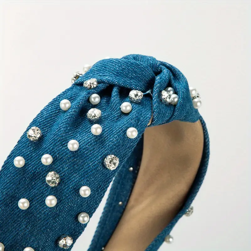 Denim Head Hoop Cross Knotted Hair Band Faux Pearl Temu United Kingdom