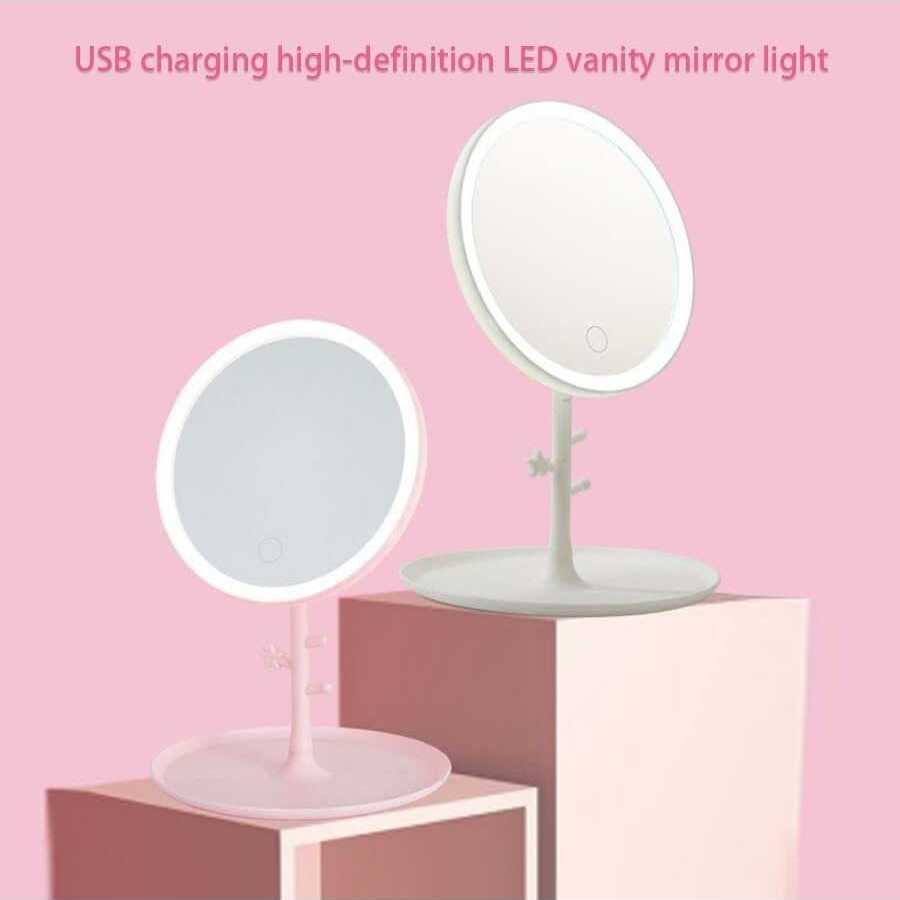 Led Desktop Makeup Mirror With Stand Storage Rack Lighted Round Travel ...
