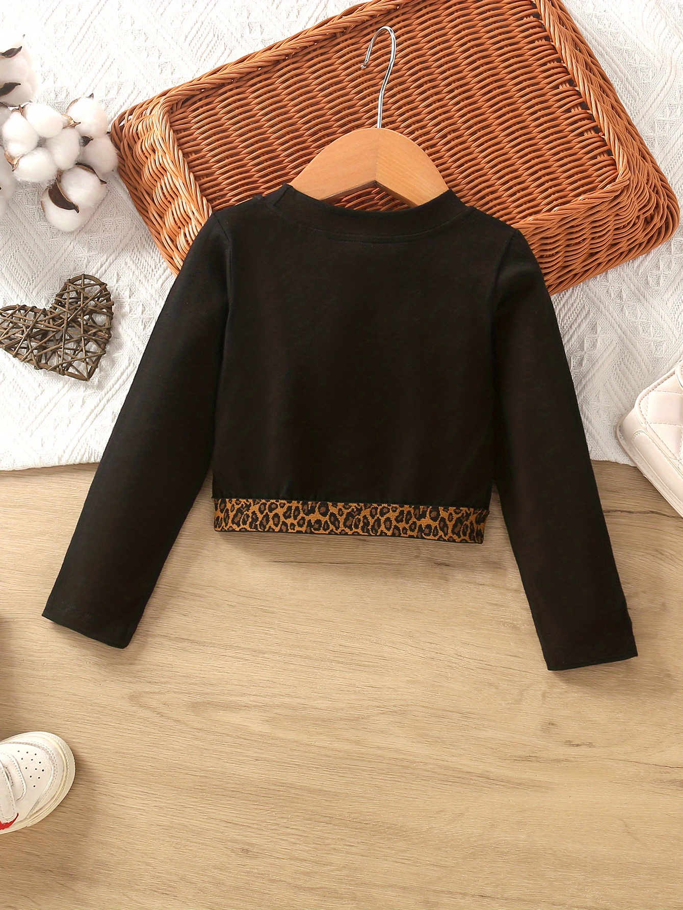 Solid Leopard Colorblock Round Neck Crop Top Girls Spring - Temu New ...