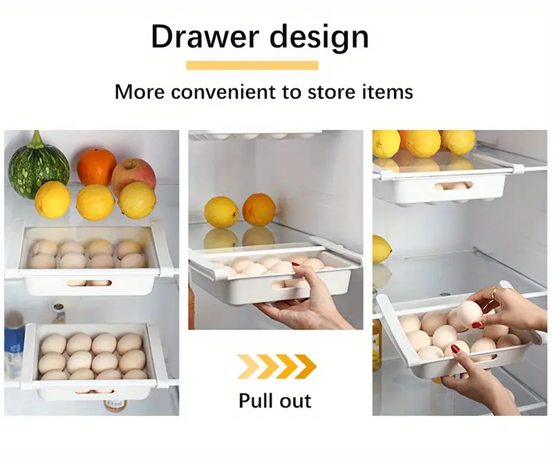 卵の収納ボックス、冷蔵庫用の新鮮な保存ボックス、多機能な引き出し式フルーツ食品仕切り収納ボックス、キッチンアクセサリー Temuが発送