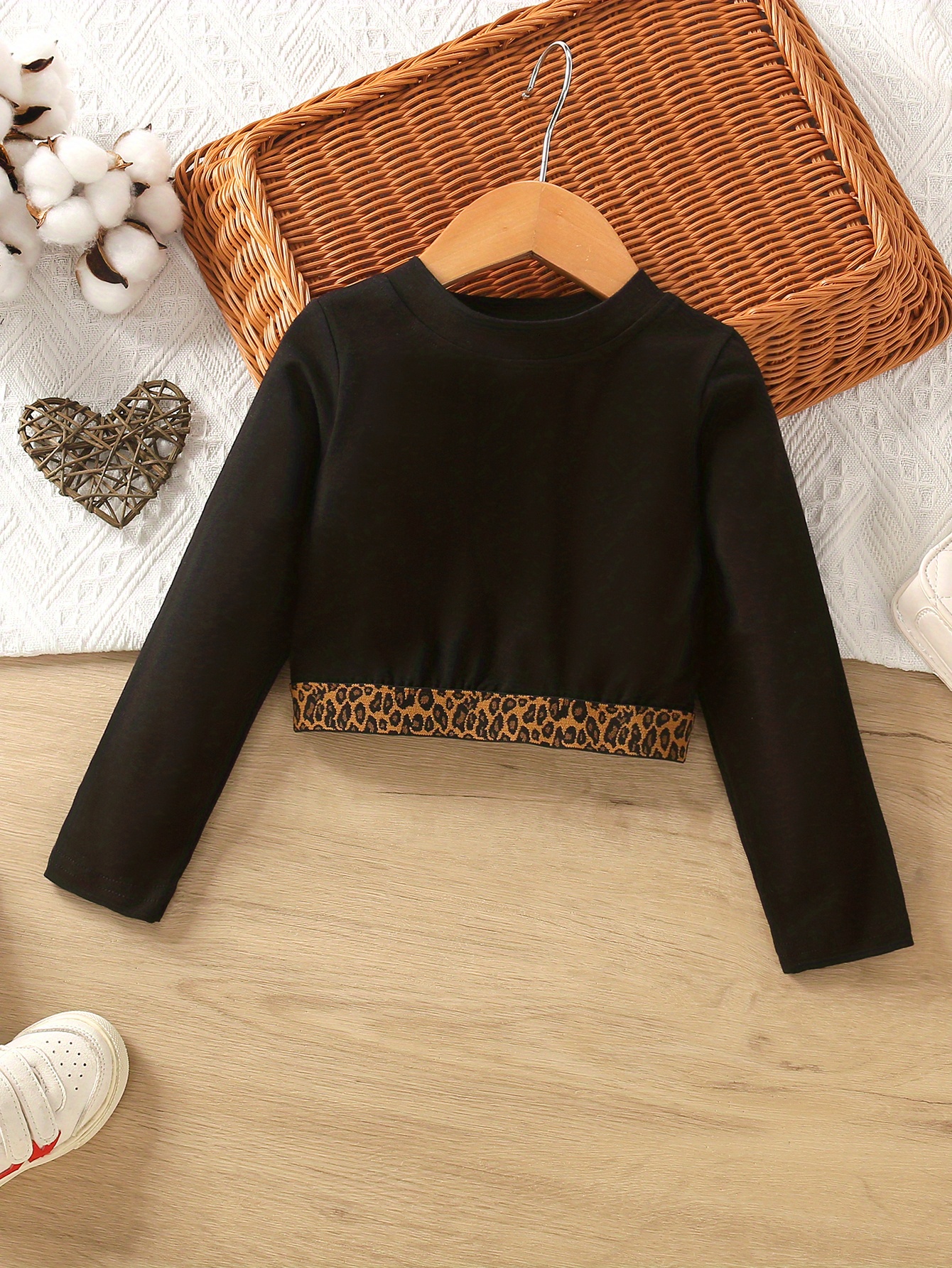 Solid Leopard Colorblock Round Neck Crop Top Girls Spring - Temu New ...