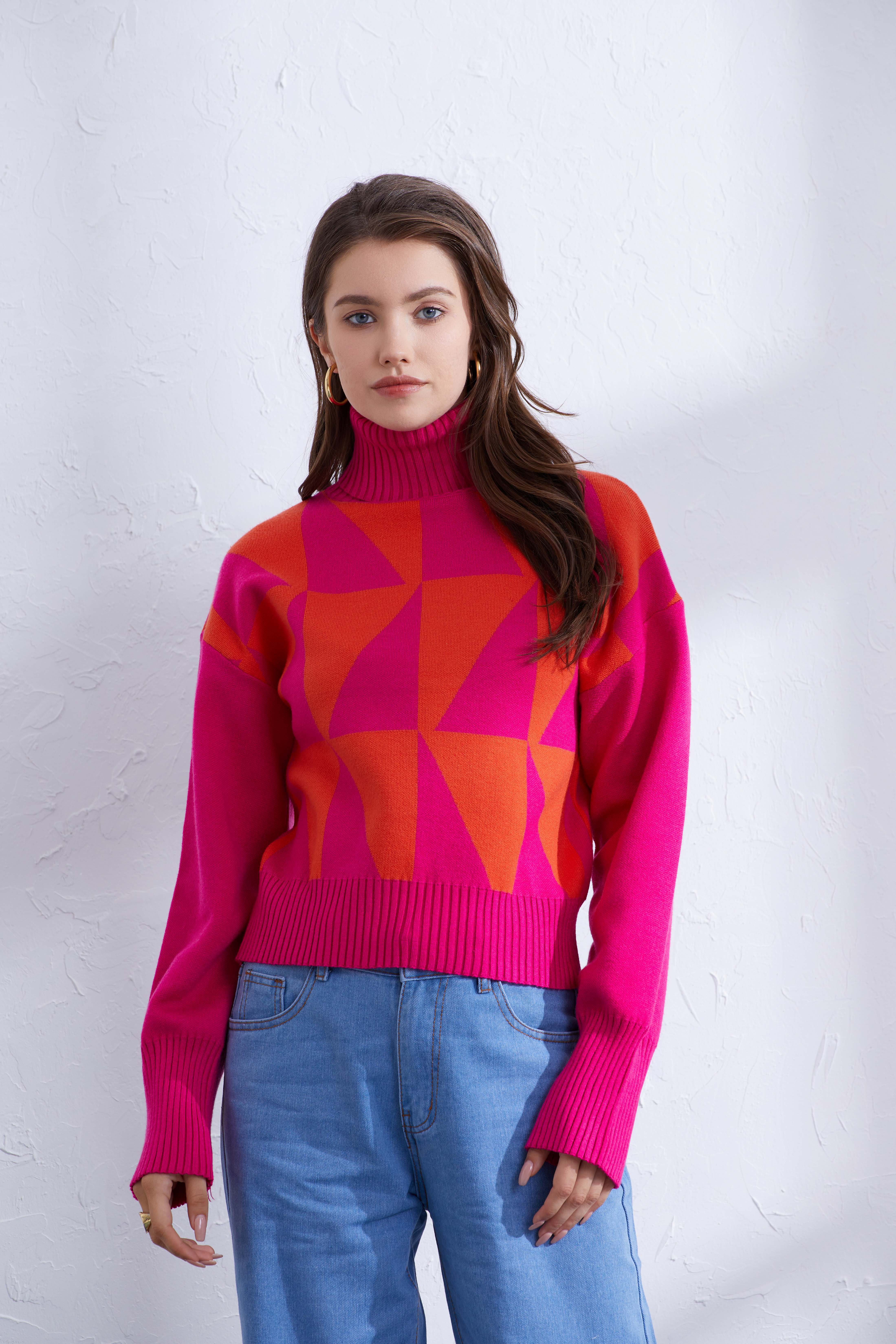 Geo Print Turtle Neck Sweater Casual Long Sleeve Sweater - Temu Australia