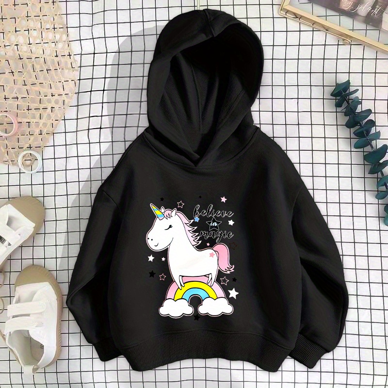Toddler Girls Unicorn Cartoon Print Lightweight Hooded Sweatshirt Tops, Kids Clothing For Fall ...