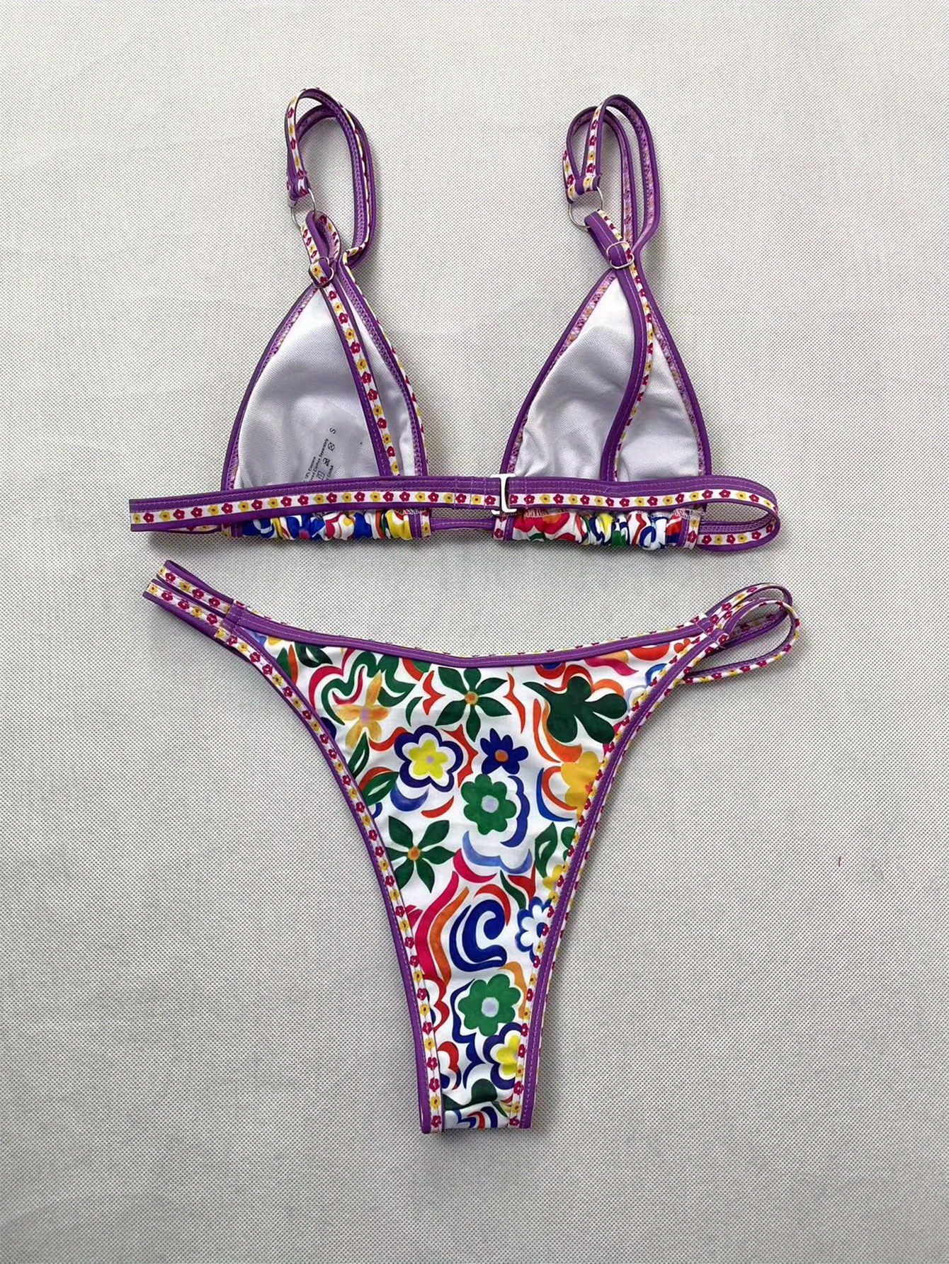 Cute Floral Print Double Strap Bikini, Contrast Trim Triangle Stretchy ...