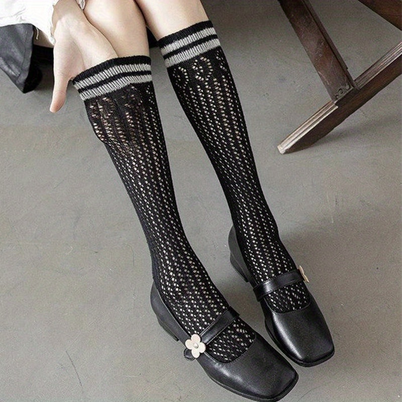 Geometric Striped Calf Socks Hollow Breathable Knee High - Temu United ...