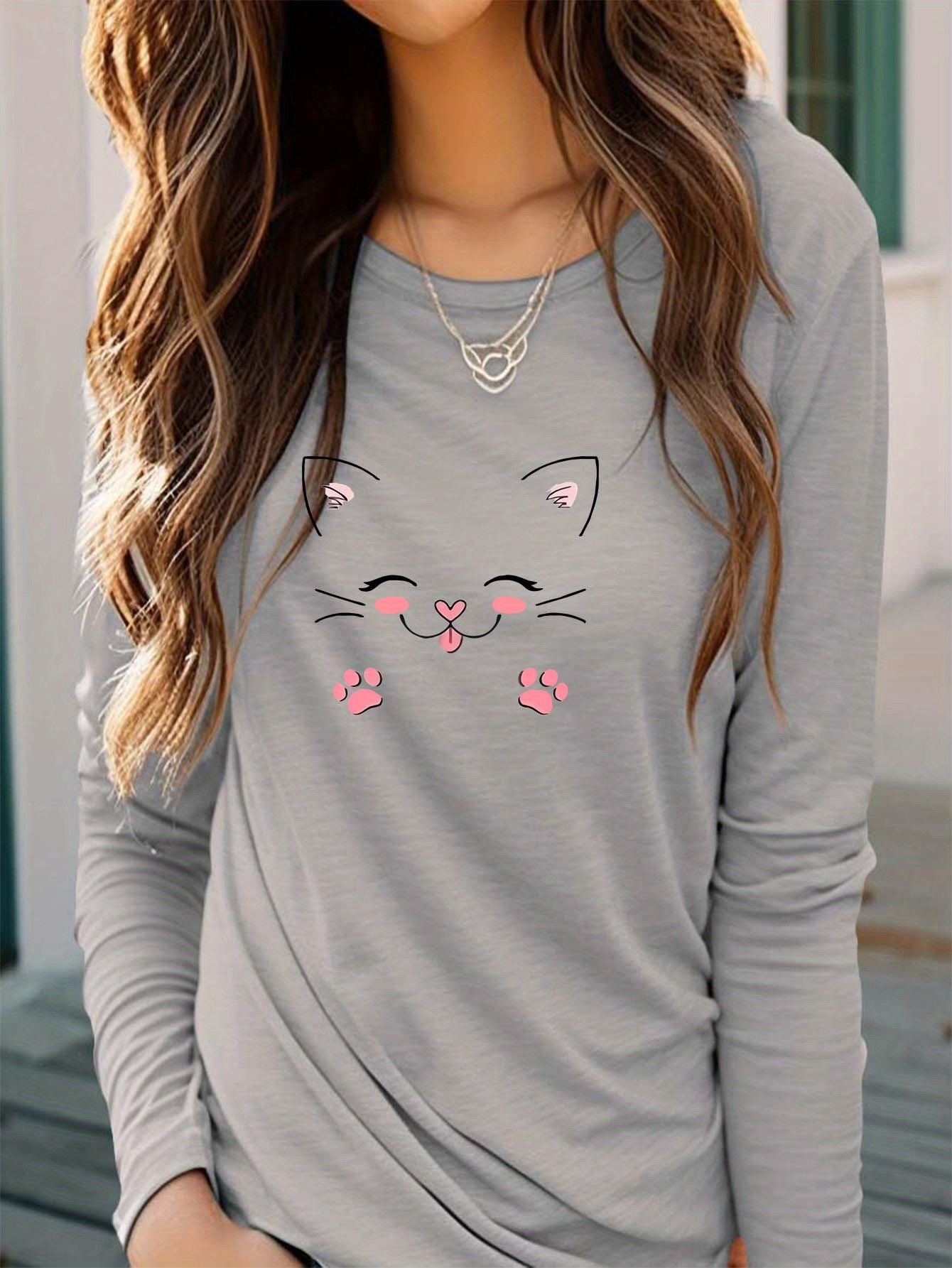cute cat print crew neck t shirt casual long sleeve top - Temu Canada