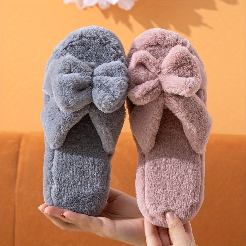 Kawaii Bowknot Plush House Slippers Solid Color Cozy Open - Temu