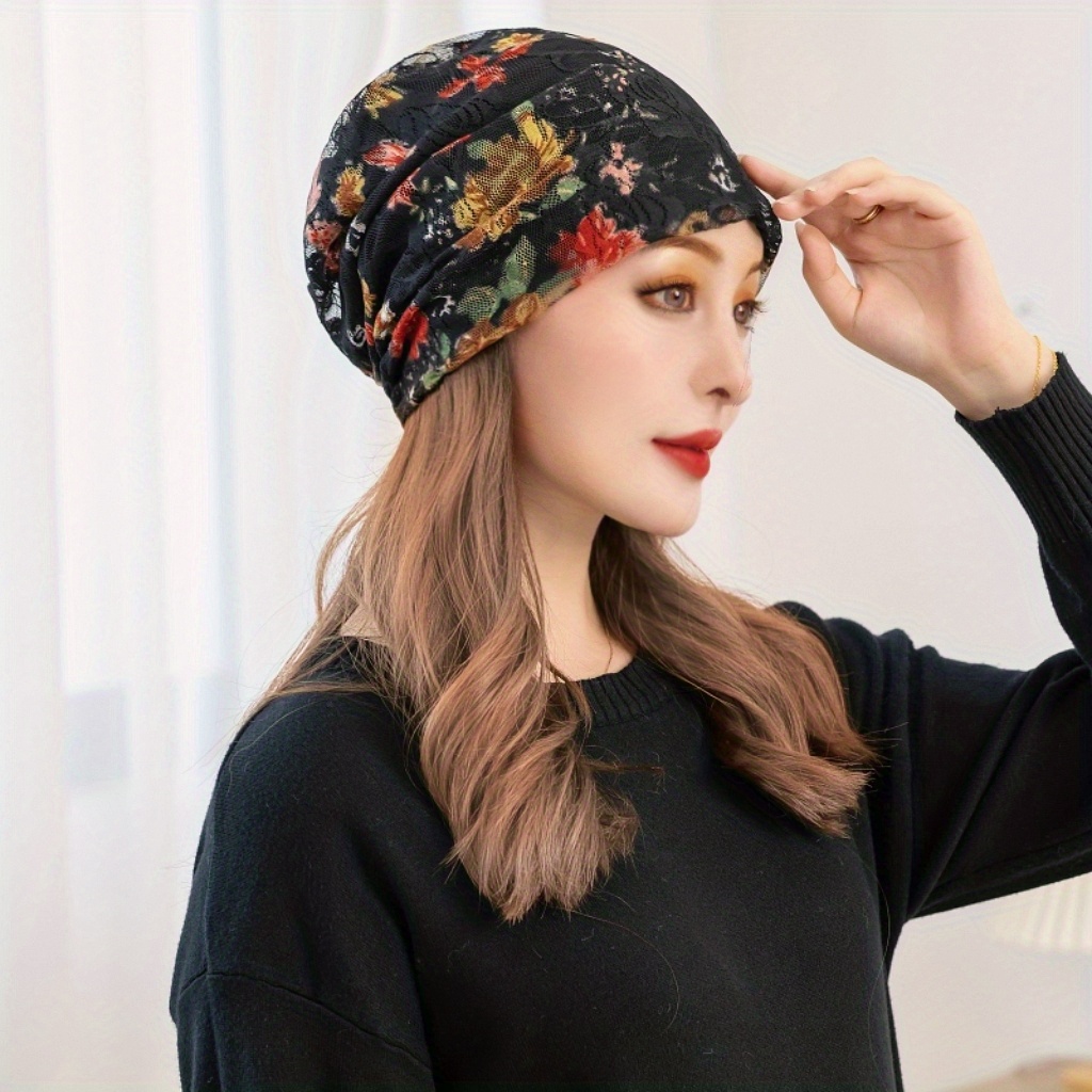 Flower Print Lace Beanies Vintage Turban Cap Breathable - Temu Canada