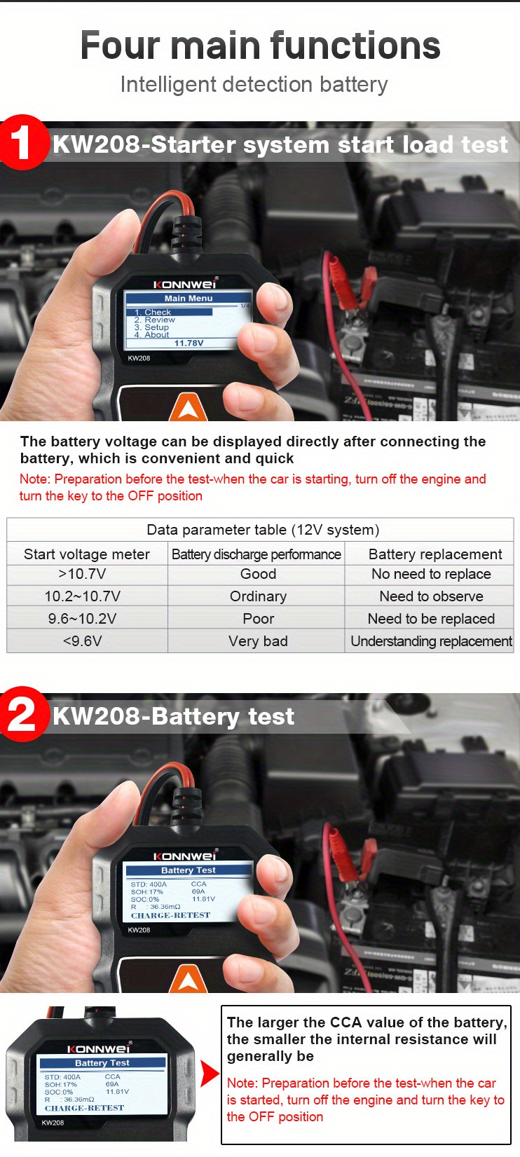 Kw208 12v Car Battery Tester 2000 Cca - Temu Philippines