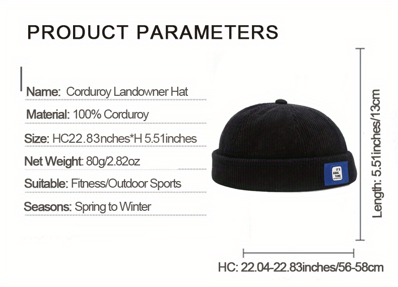 1pc fashion hip hop adjustable brimless corduroy hat with metal for ...