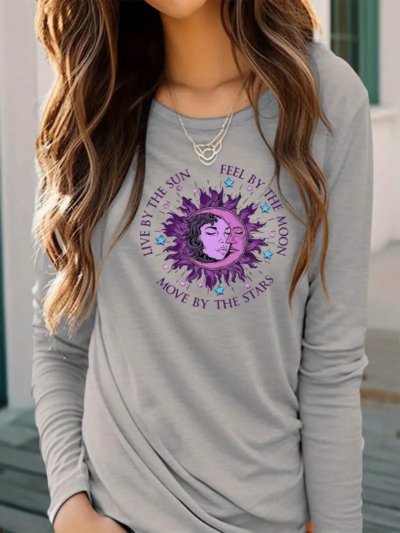 Sun Moon Print Crew Neck T Shirt Casual Long Sleeve Top For Temu
