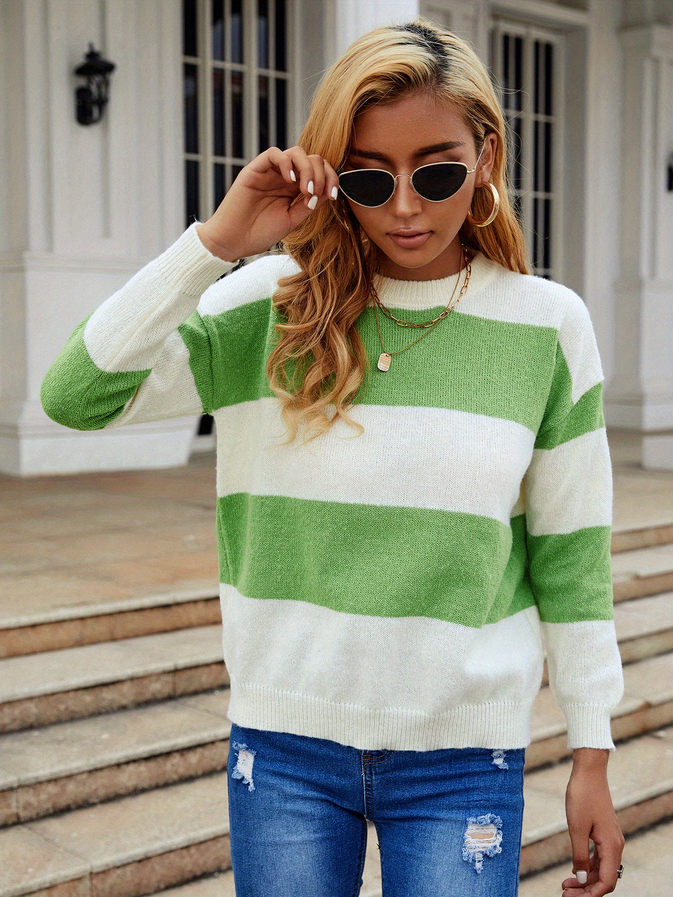 Color Block Striped Pullover Sweater Casual Long Sleeve Crew - Temu Canada