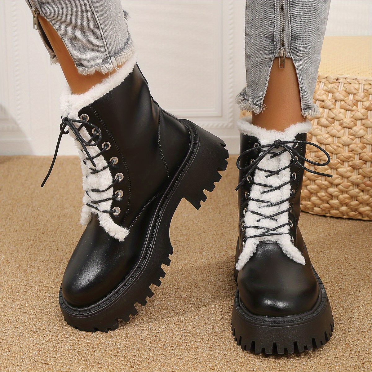 Platform Boots Women s Solid Color Lace High top Round Toe - Temu Australia