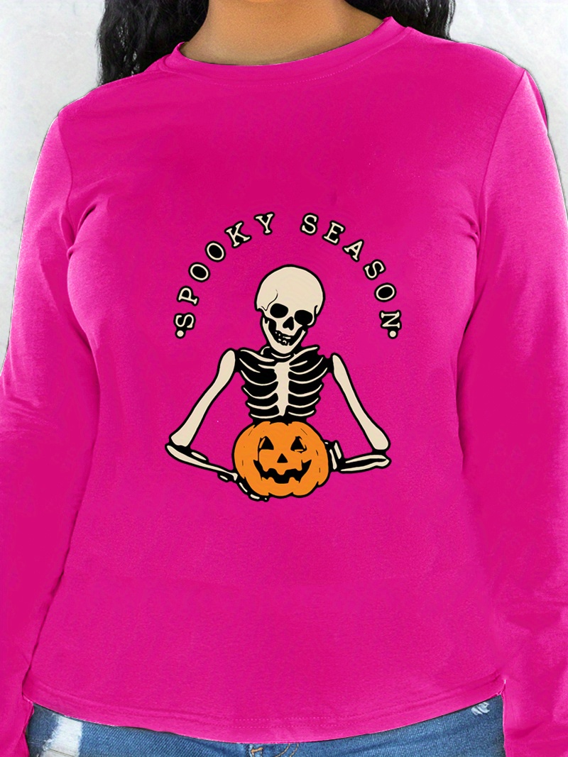 Halloween Skull Pumpkin Print Top Casual Crew Neck Long - Temu United Kingdom