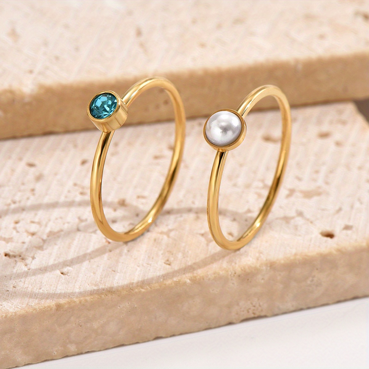 Stainless Steel Blue Rhinestone Faux Pearl Two-piece Set Couple Rings ...