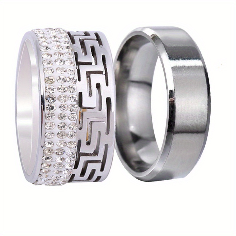 Fashion Stainless Steel Rings Couple Ring Simple Rhinestone - Temu ...