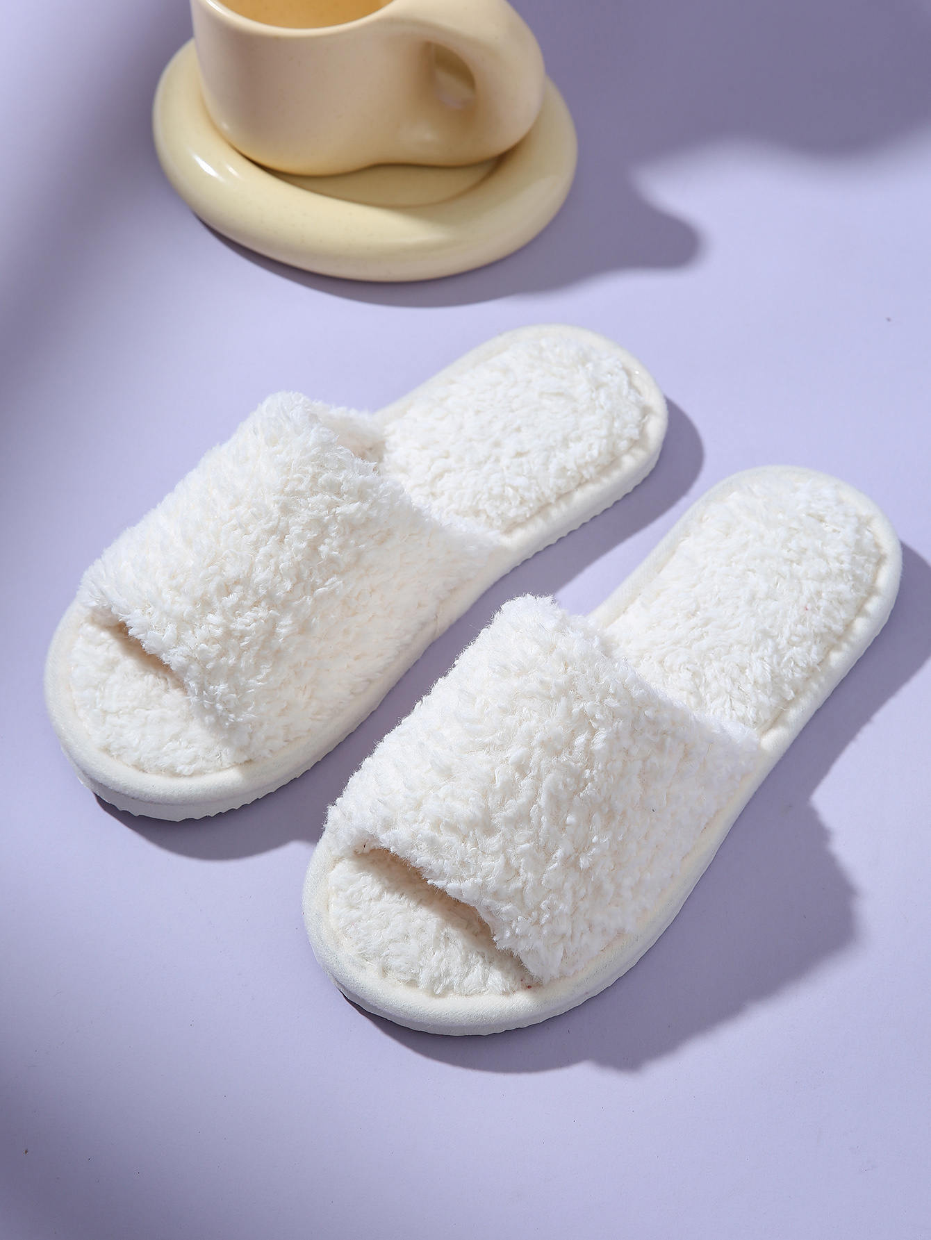 Simple Solid Color Fuzzy Slippers Comfortable Open Toe Plush - Temu Canada