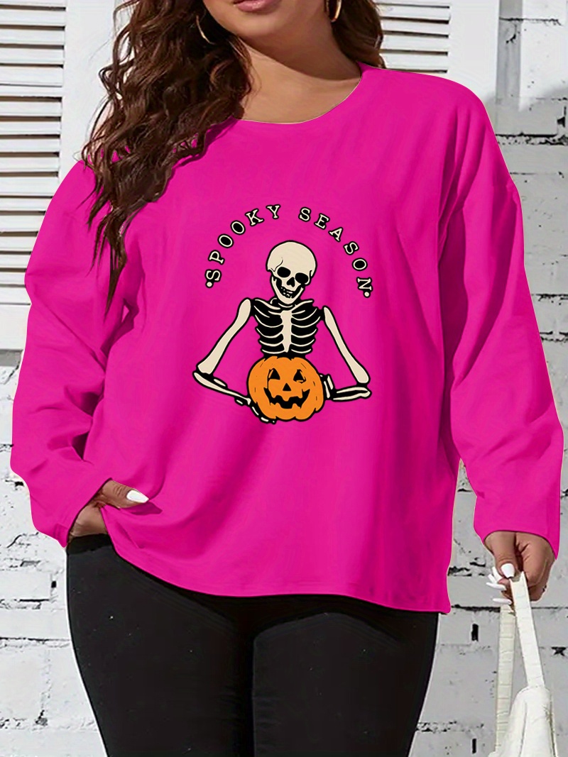 Halloween Skull Pumpkin Print Top Casual Crew Neck Long - Temu United Kingdom