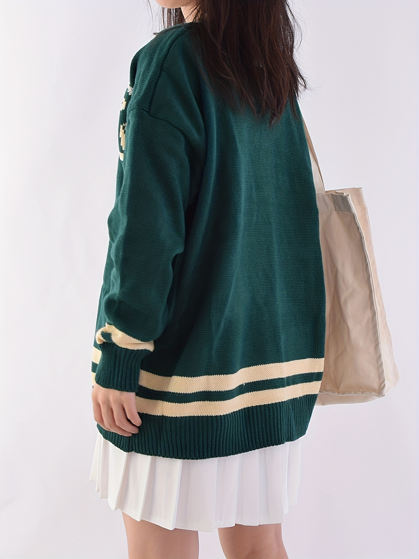 Preppy Style V 넥 스웨터 컬러 블록 롱 슬리브 스웨터 겨울 및 가을용 루즈 캐주얼 스웨터 여성 Temu