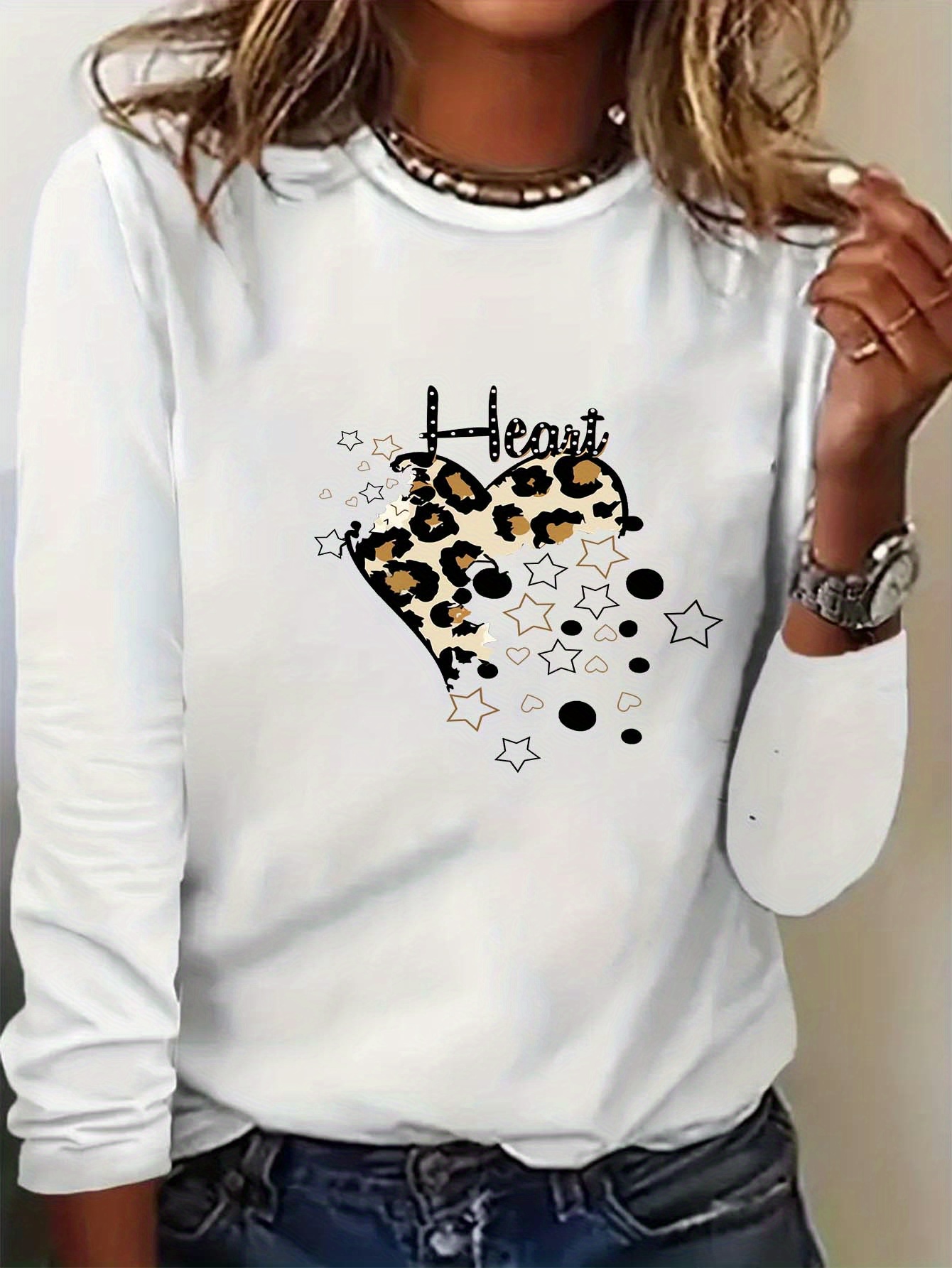leopard heart print crew neck t shirt casual long sleeve top - Temu ...